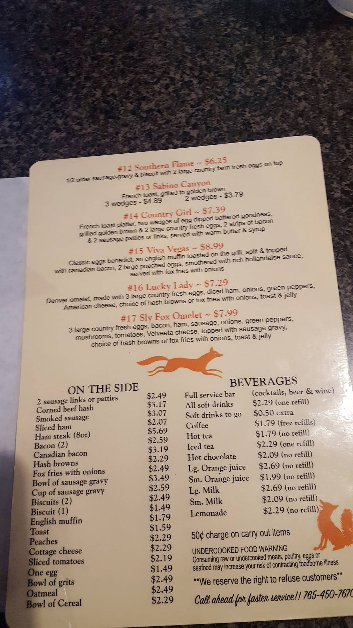 Menu at THE FOXES TRAILS pub & bar, Kokomo