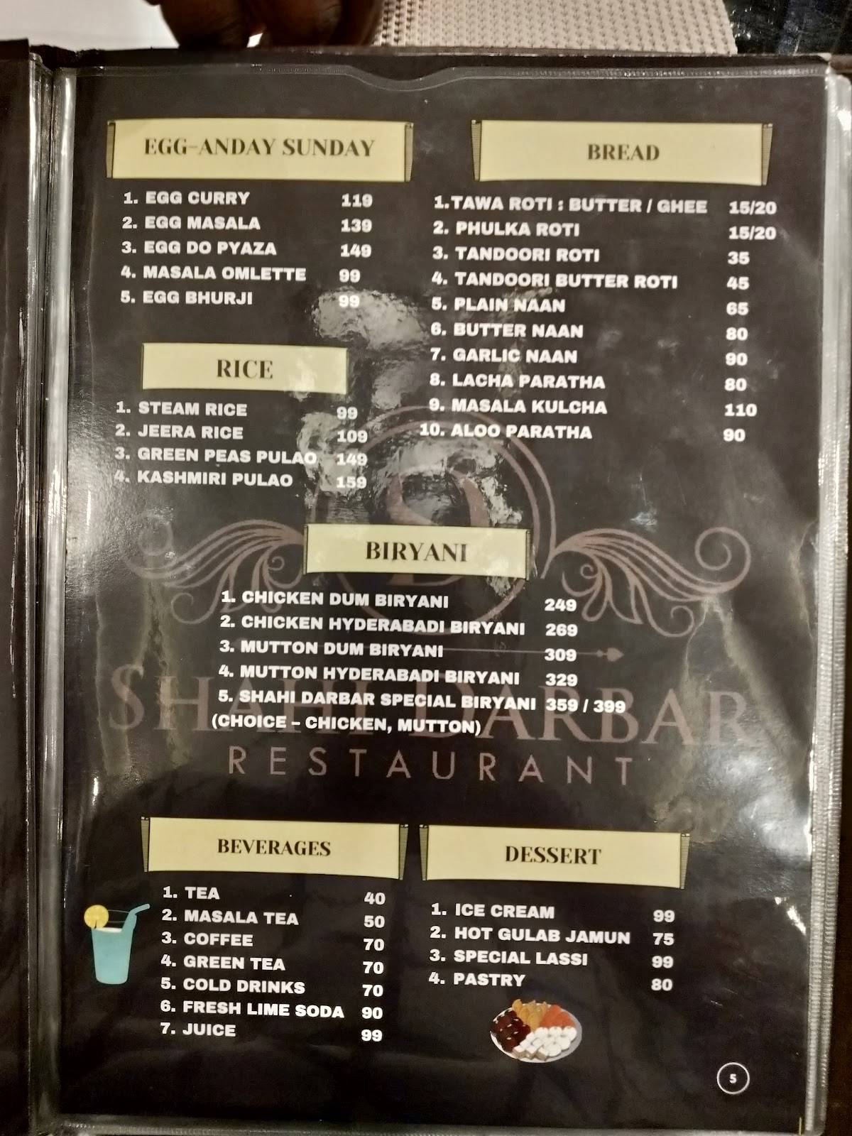 Menu at THE SHAHI DARBAR, Gangtok