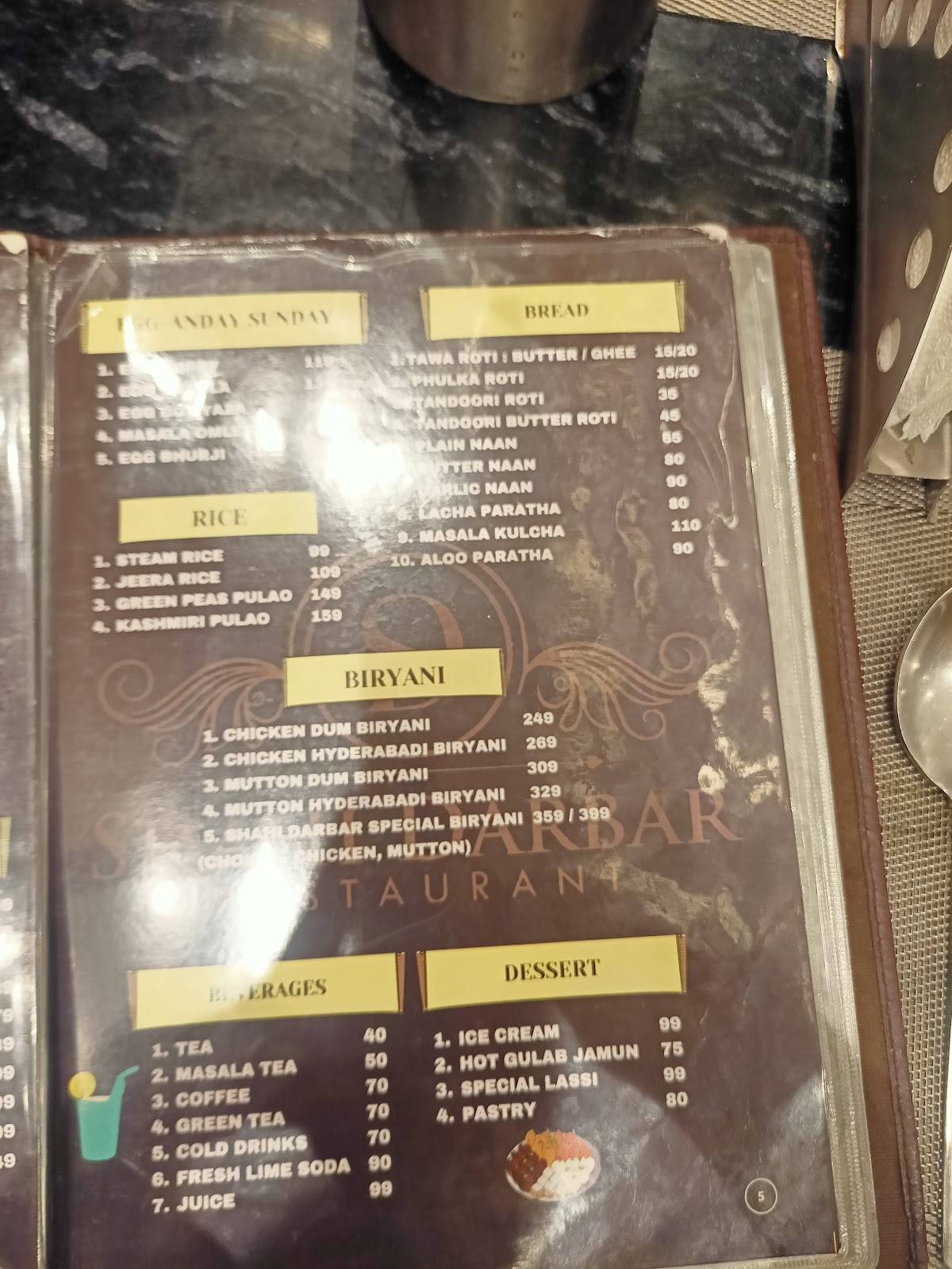 Menu at THE SHAHI DARBAR, Gangtok