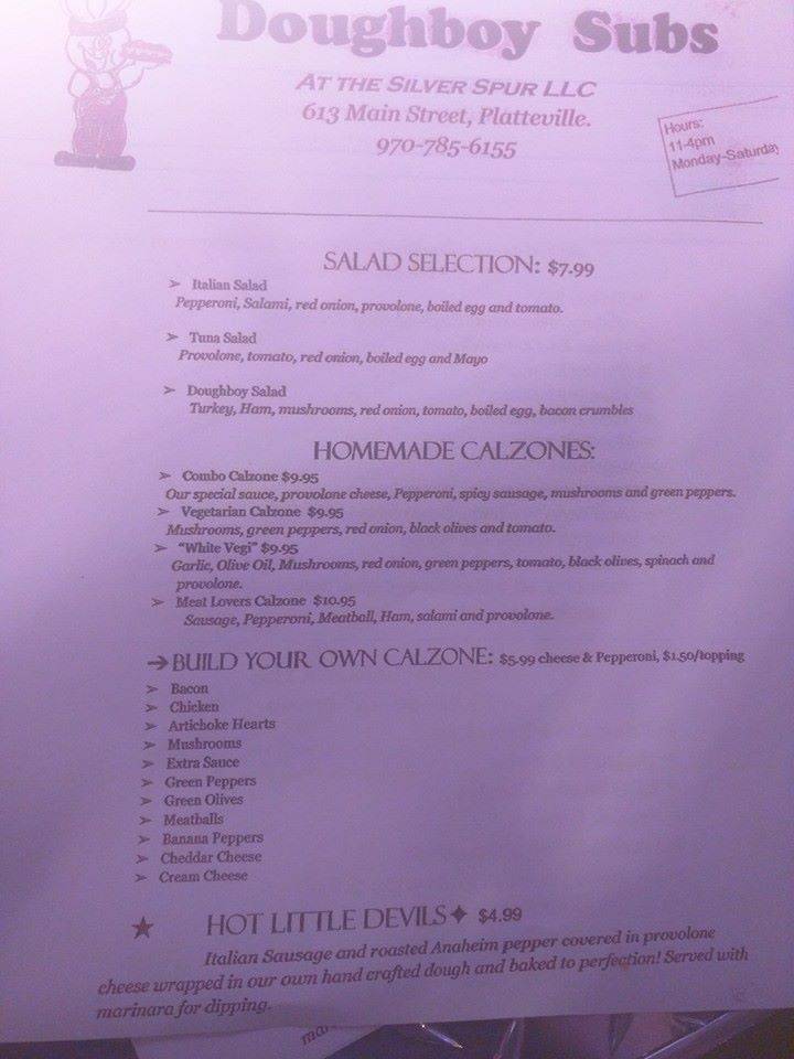 Menu at THE SILVER SPUR restaurant, Platteville
