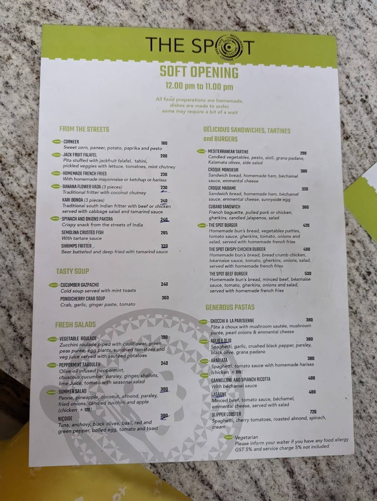 Menu at THE SPOT, Puducherry