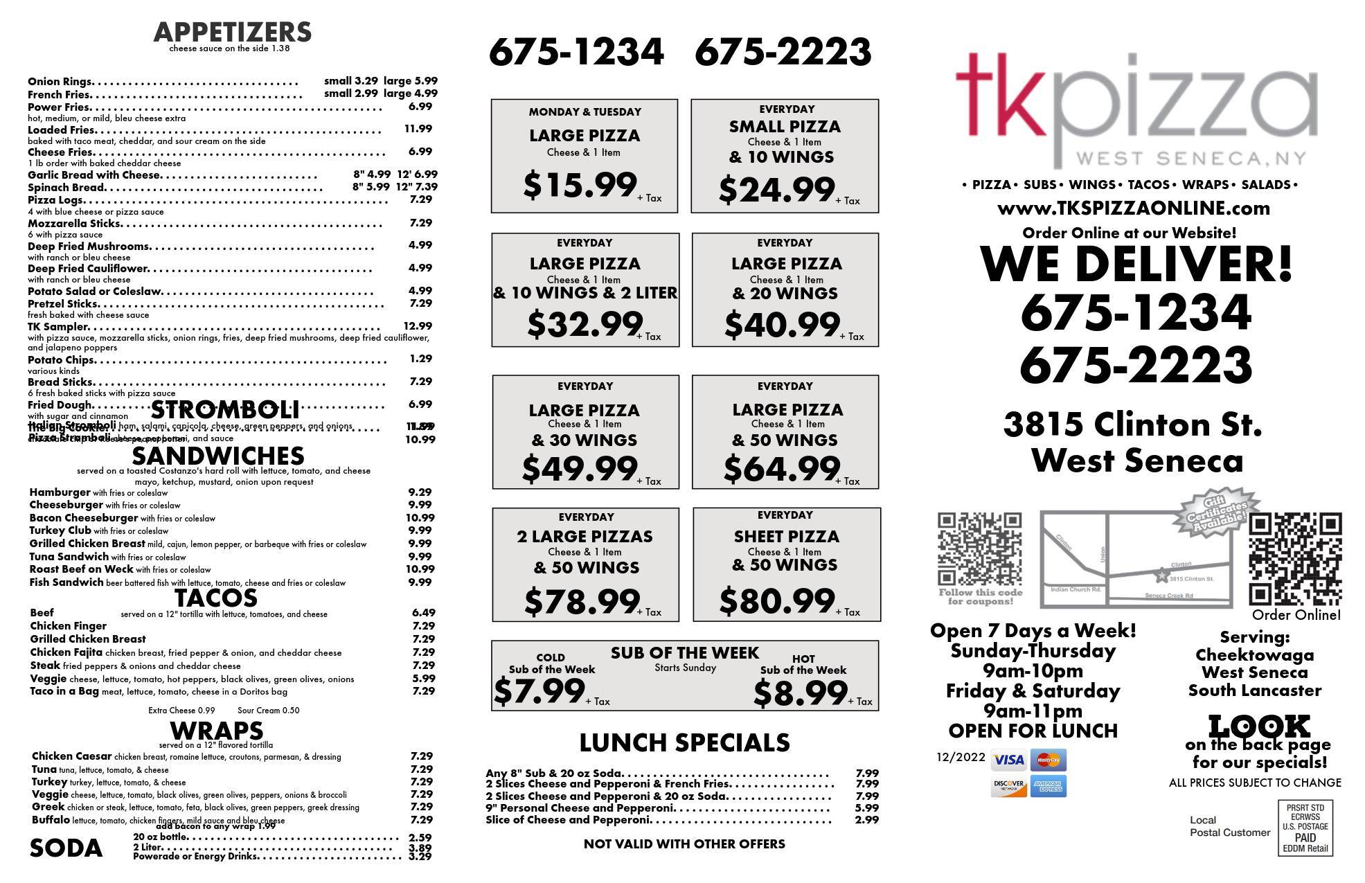 Menu at TK's Pizza pizzeria, West Seneca