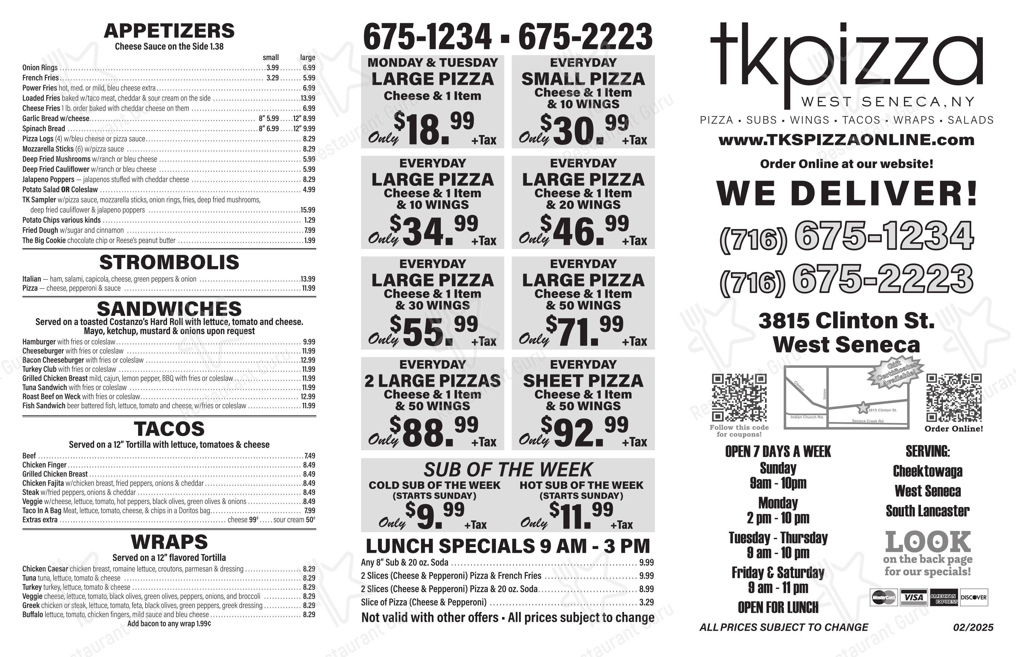 Menu at TK's Pizza pizzeria, West Seneca