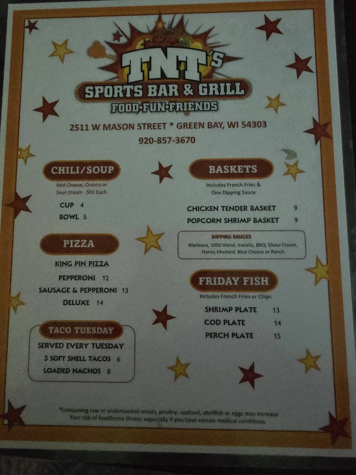 Menu at TNT’s Sports Bar & Grill, Green Bay