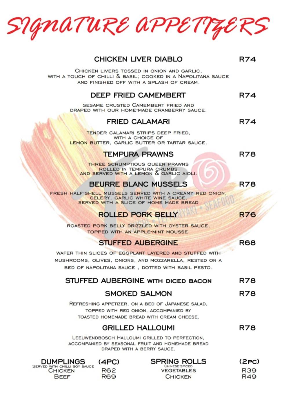 Menu at TORO Sushi, Teppanyaki & Seafood restaurant, Port Elizabeth