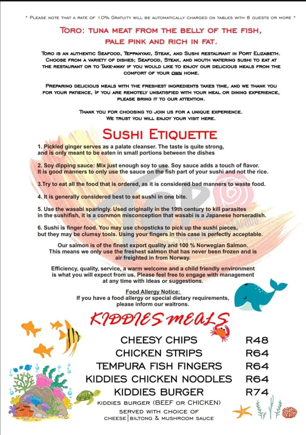 Menu at TORO Sushi, Teppanyaki & Seafood restaurant, Port Elizabeth