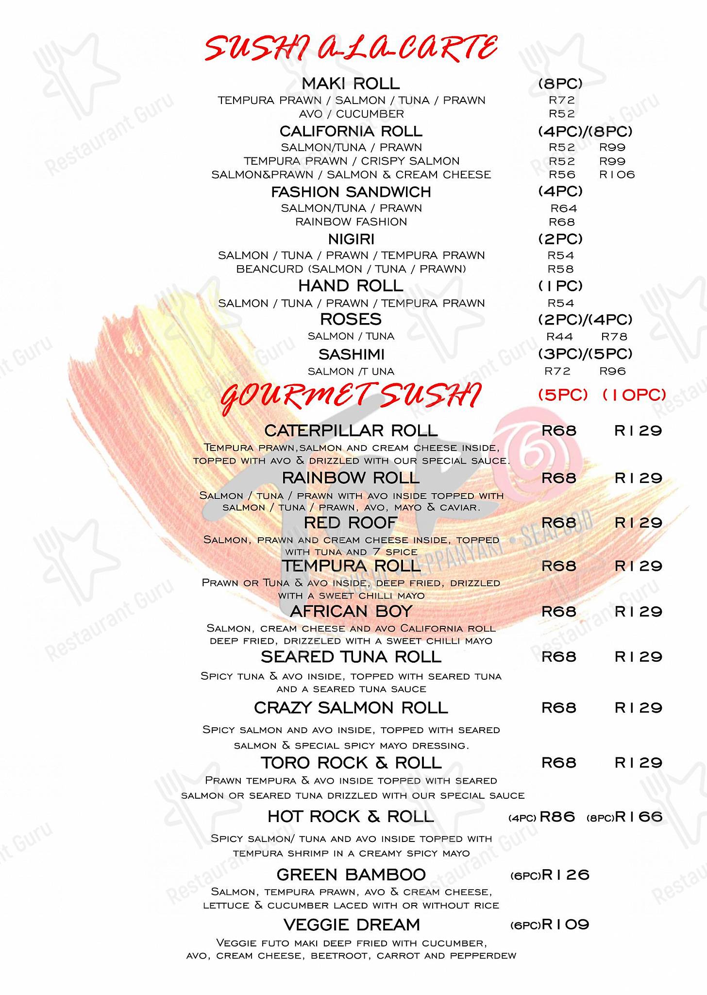 Menu at TORO Sushi, Teppanyaki & Seafood restaurant, Port Elizabeth
