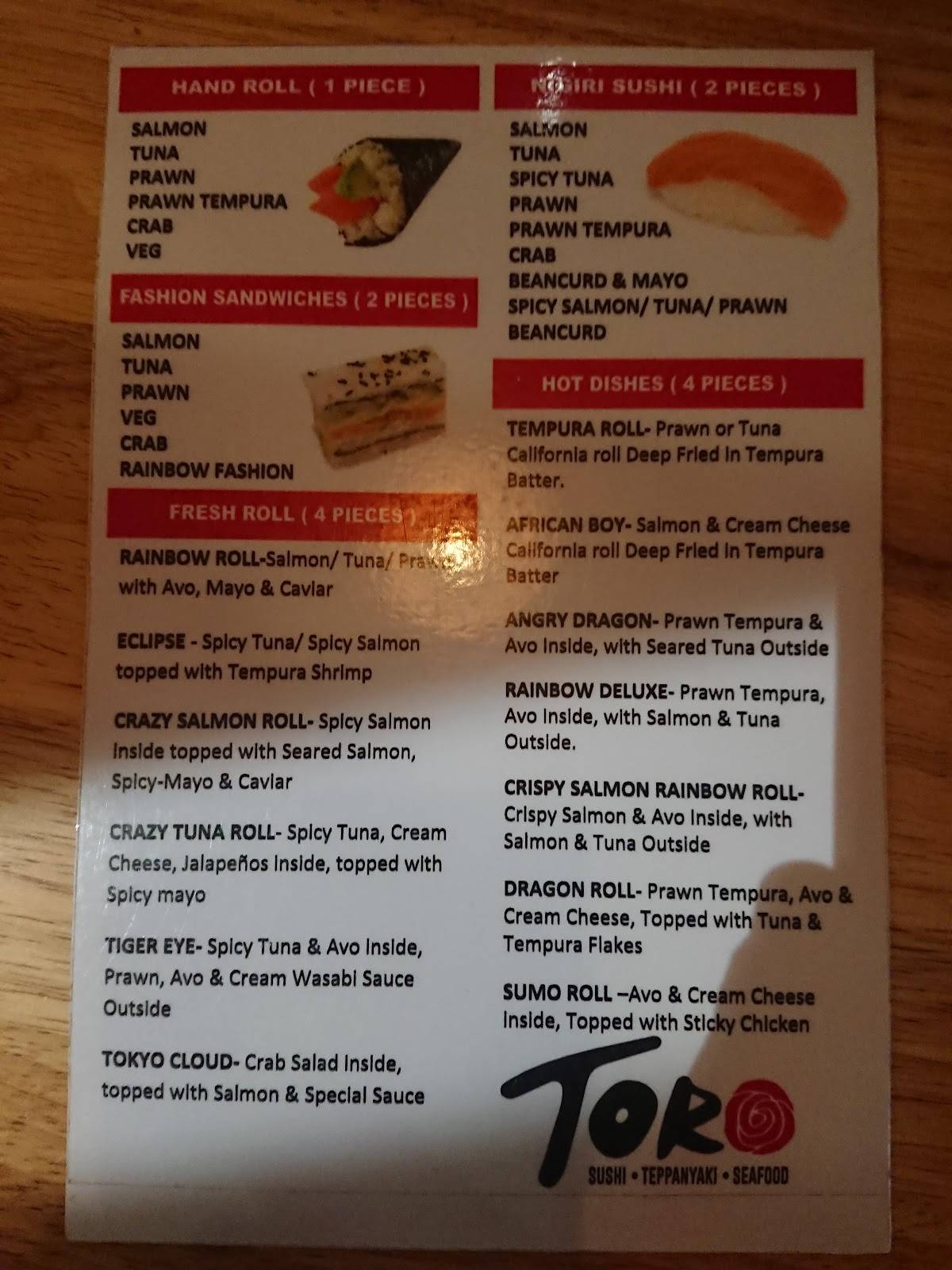 Menu at TORO Sushi, Teppanyaki & Seafood restaurant, Port Elizabeth