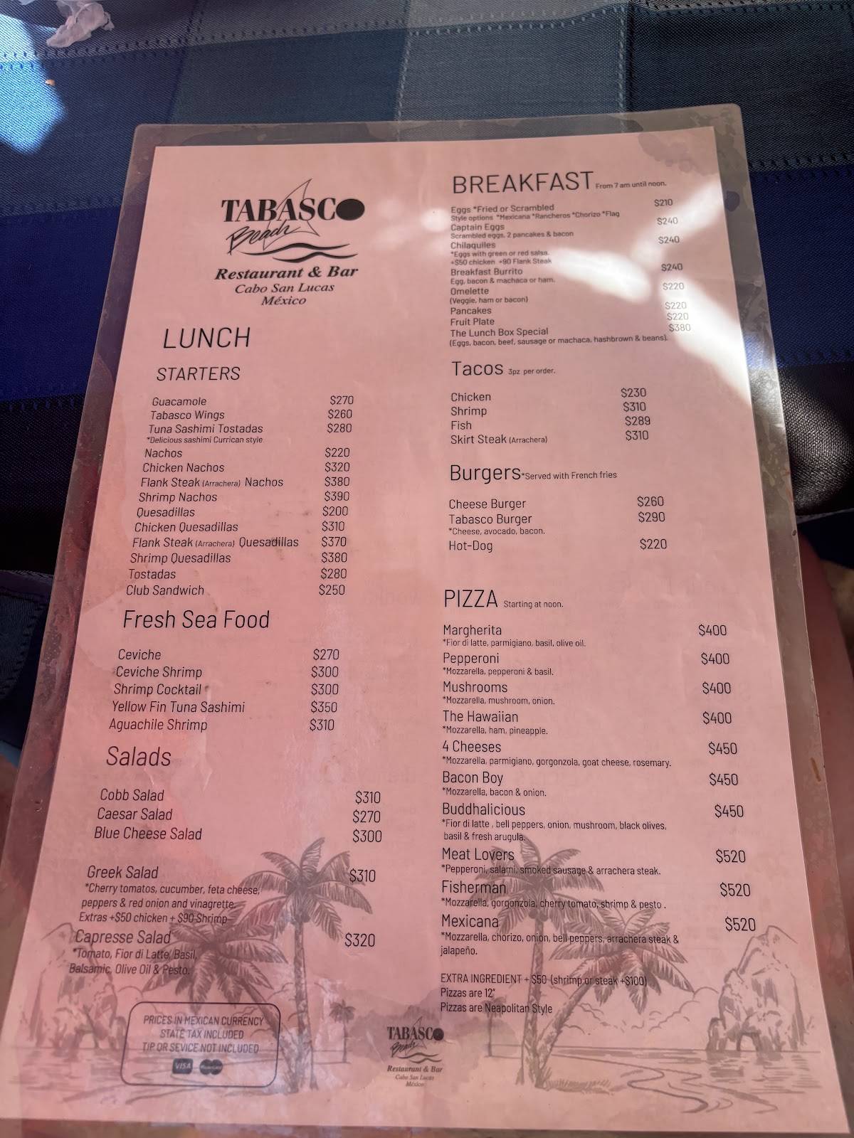 Menu at Tabasco Beach restaurant, Cabo San Lucas