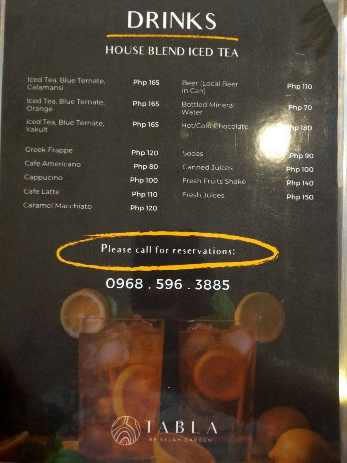 Menu at Tabla Restaurant, Pasay