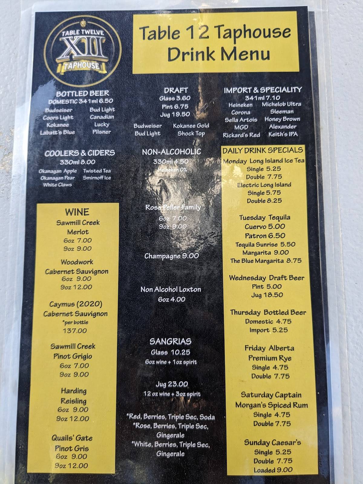 Menu at Table 12 Taphouse pub & bar, Chetwynd