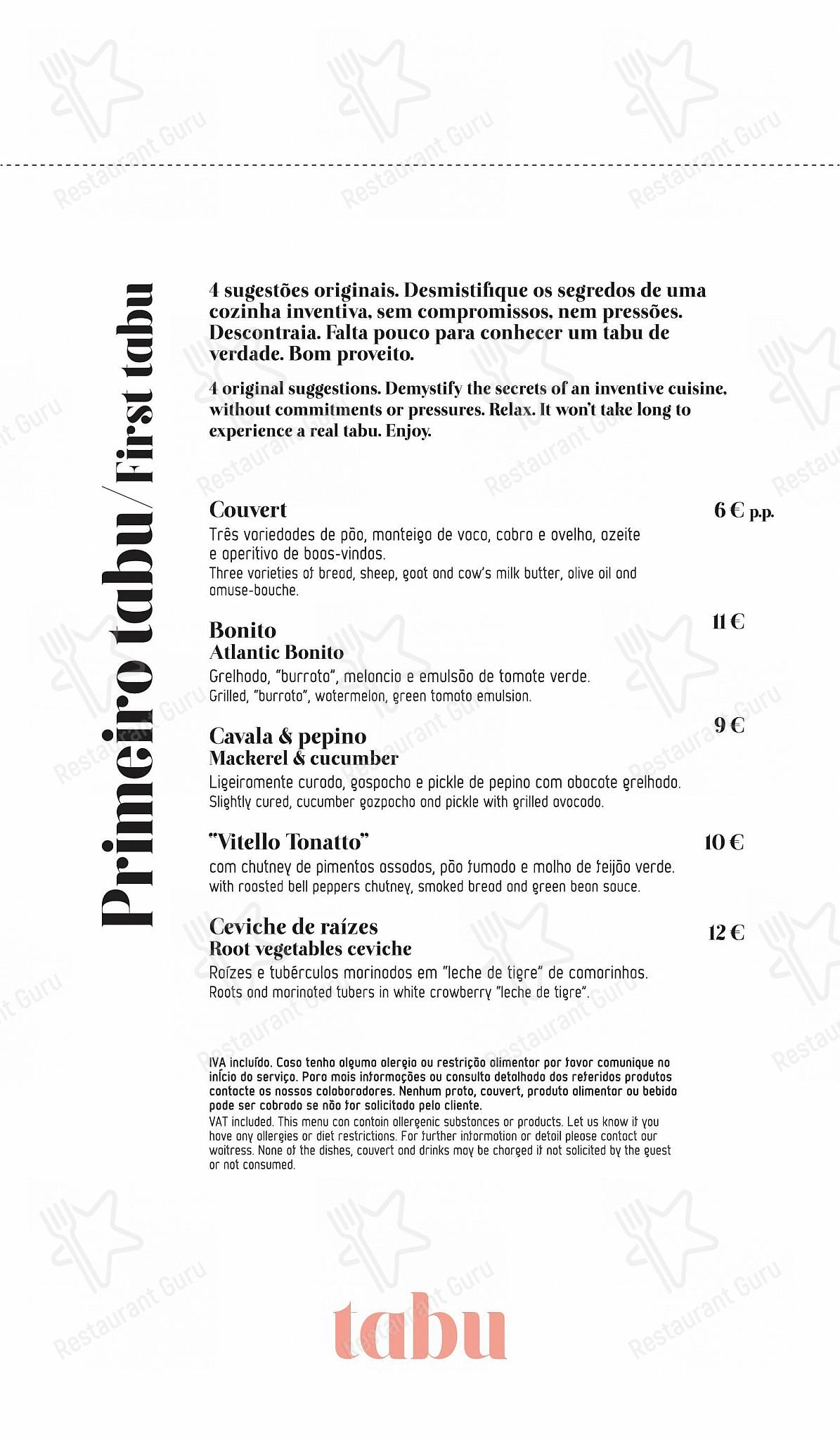 Menu at Tabu Fine Cuisine and Gastro Bar, Porto