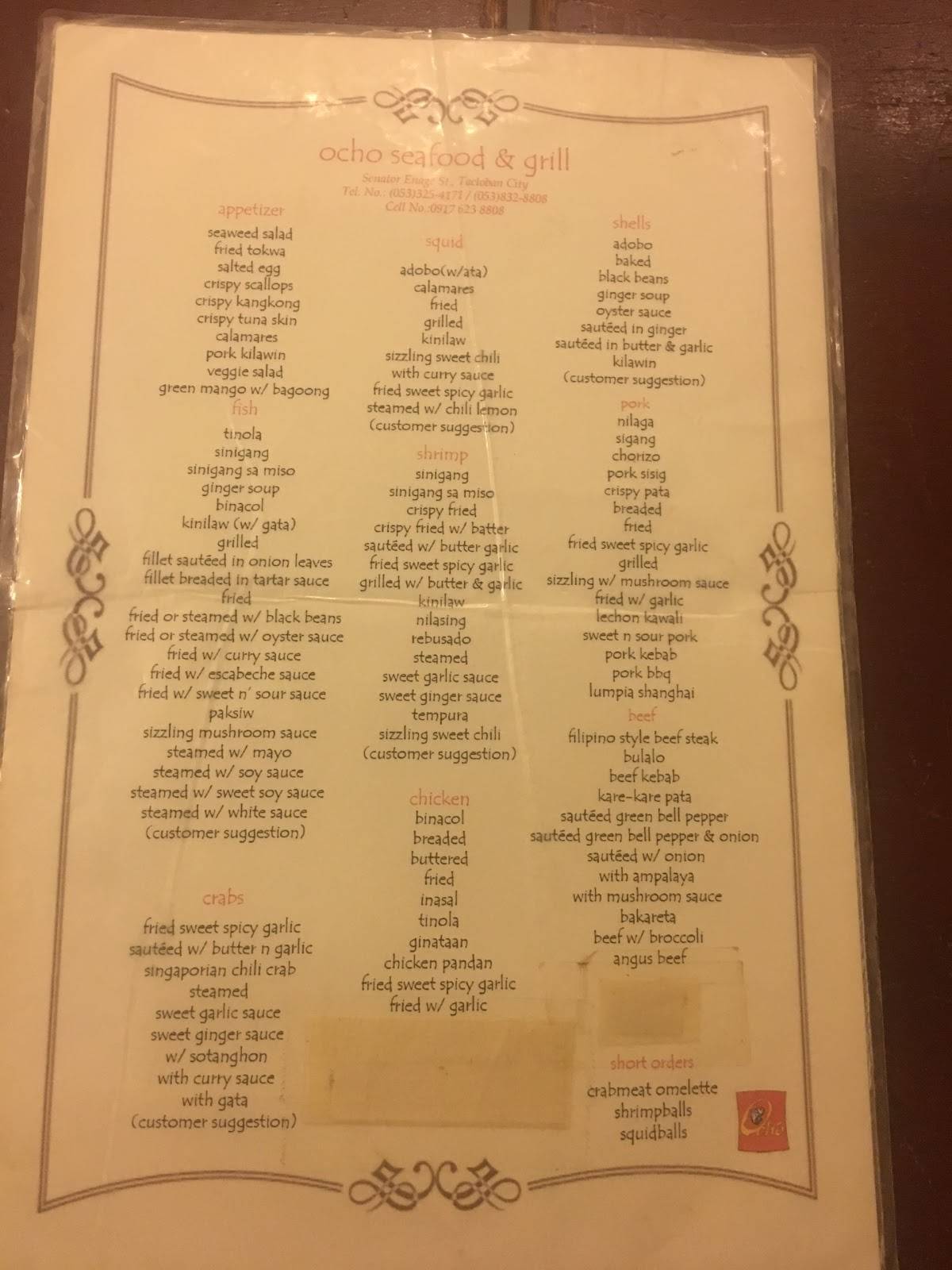 Menu at Ochó Seafood and Grill restaurant, Tacloban City
