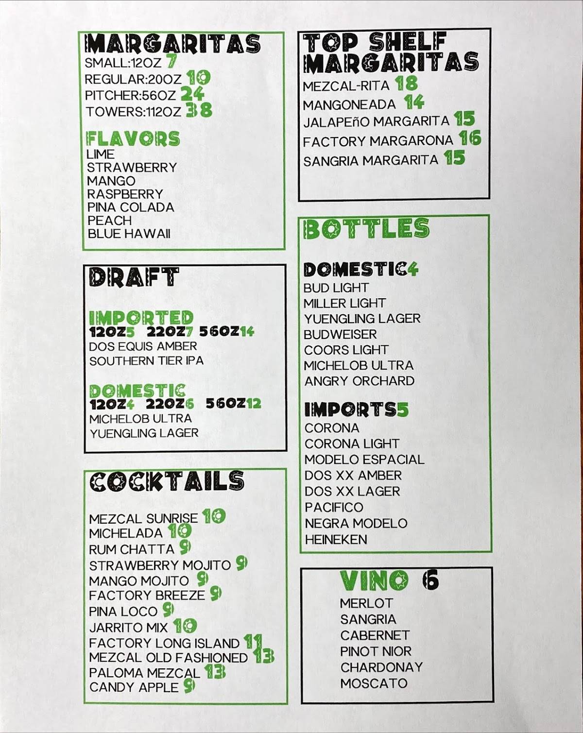 Menu at Taco Factory Mexican Cuisine pub & bar, Meadville