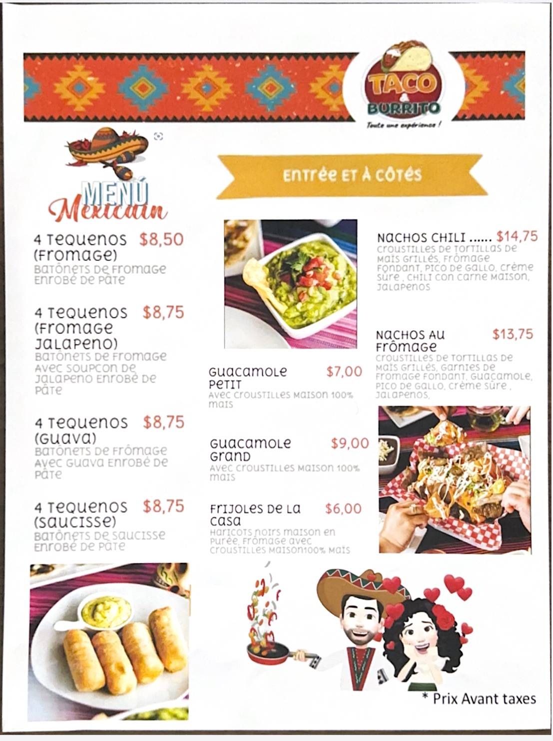 Menu au Taco & Burrito restaurant, Joliette