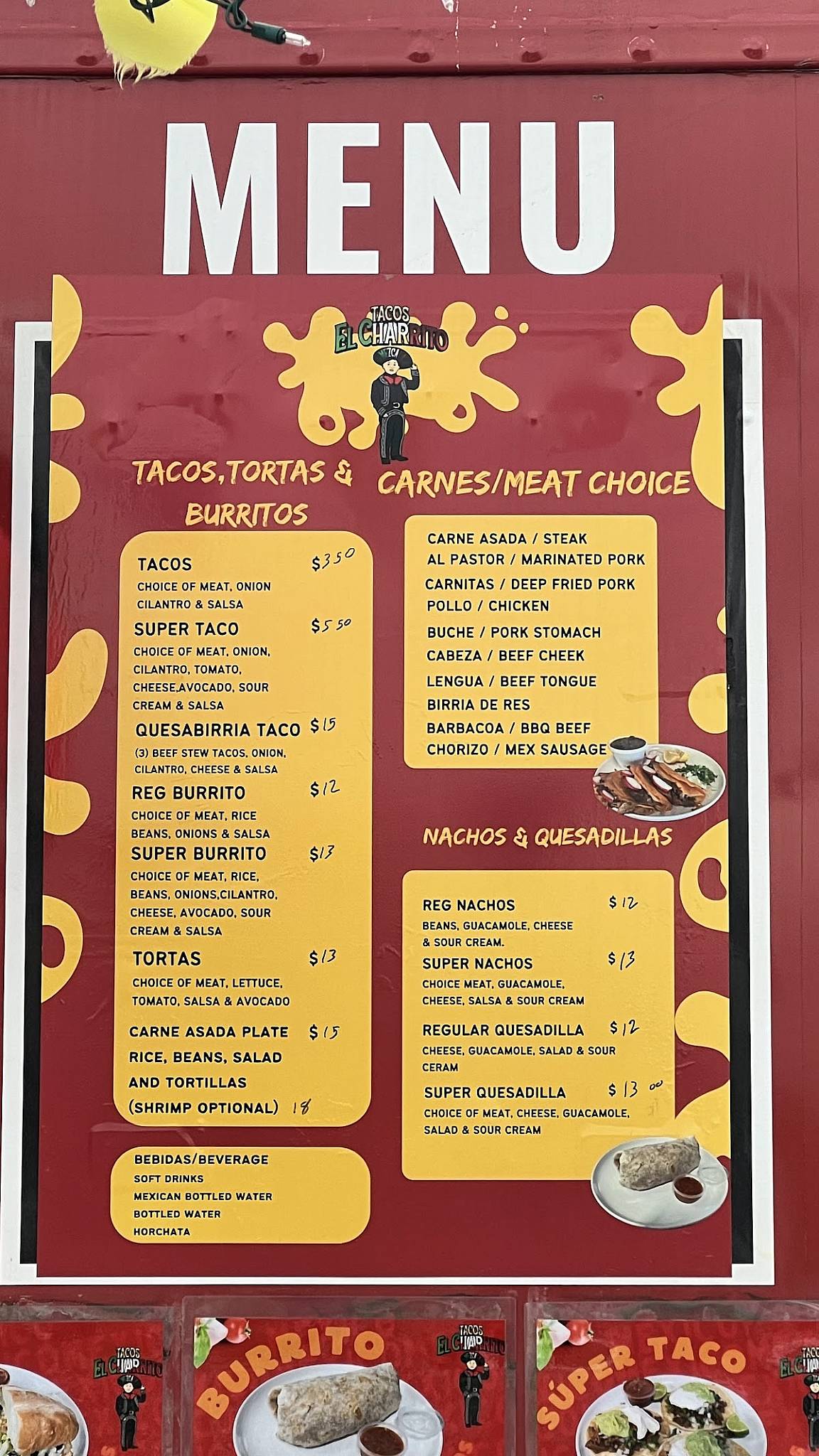 Menu at Tacos El Charrito Food Truck restaurant, Colma