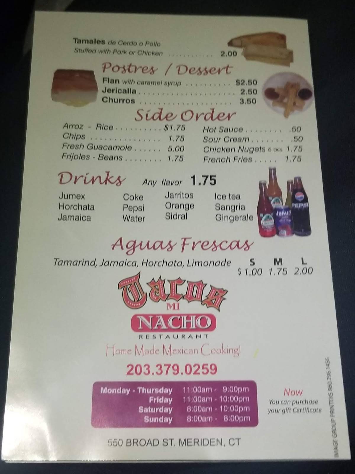 Menu at Tacos Mi Nacho restaurant, Meriden