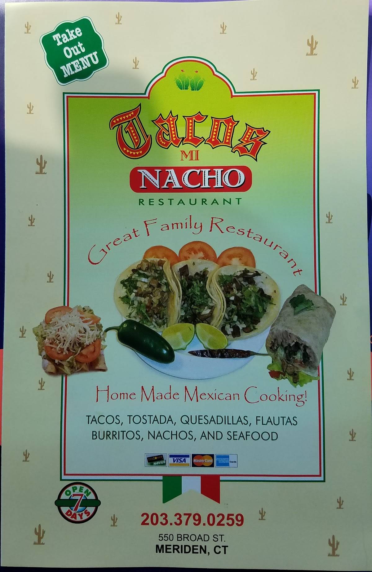 Menu at Tacos Mi Nacho restaurant, Meriden