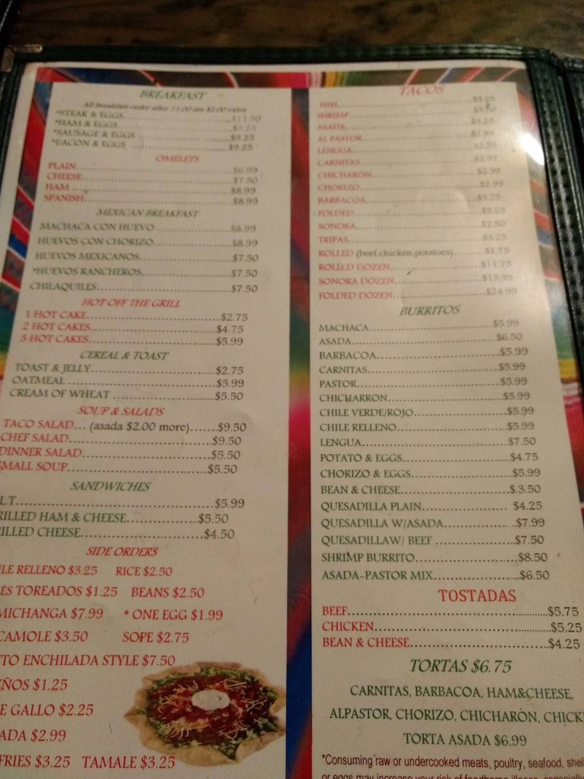 Menu at Tacos Mi Rancho restaurant, Yuma, 188 S 4th Ave