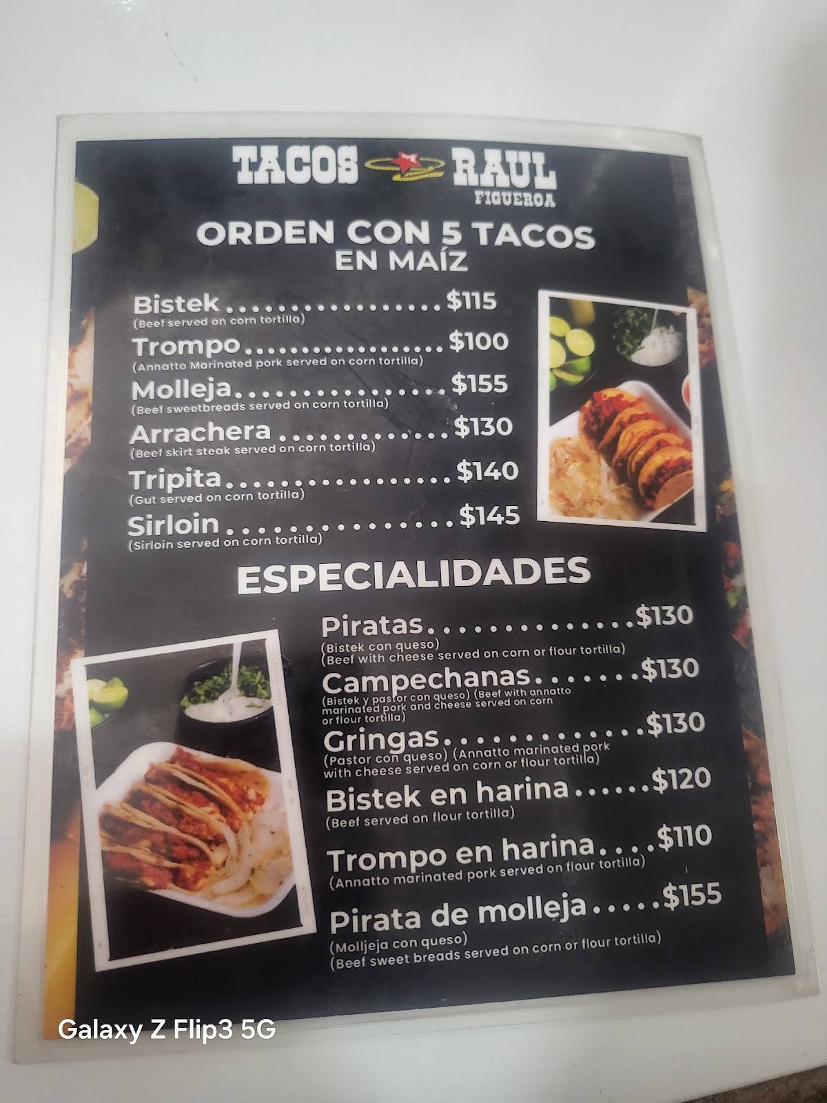 Carta del restaurante Tacos Raúl, Saltillo, Blvd. Pedro Figueroa No. 1145