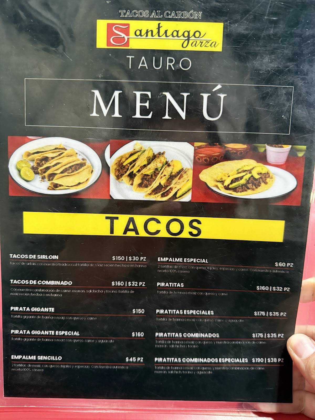 Menu at Tacos Santiago Garza Tauro restaurant, Guadalupe, C. Tauro 1400