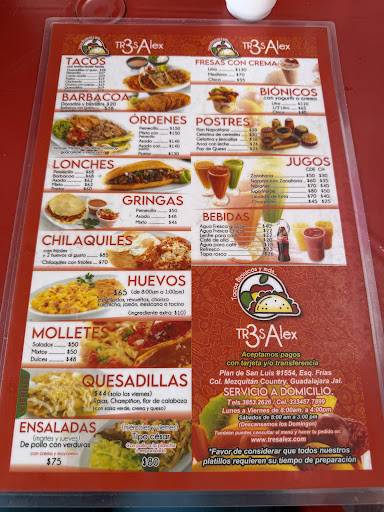 Carta del pub y bar Tacos Tres Alex, Guadalajara