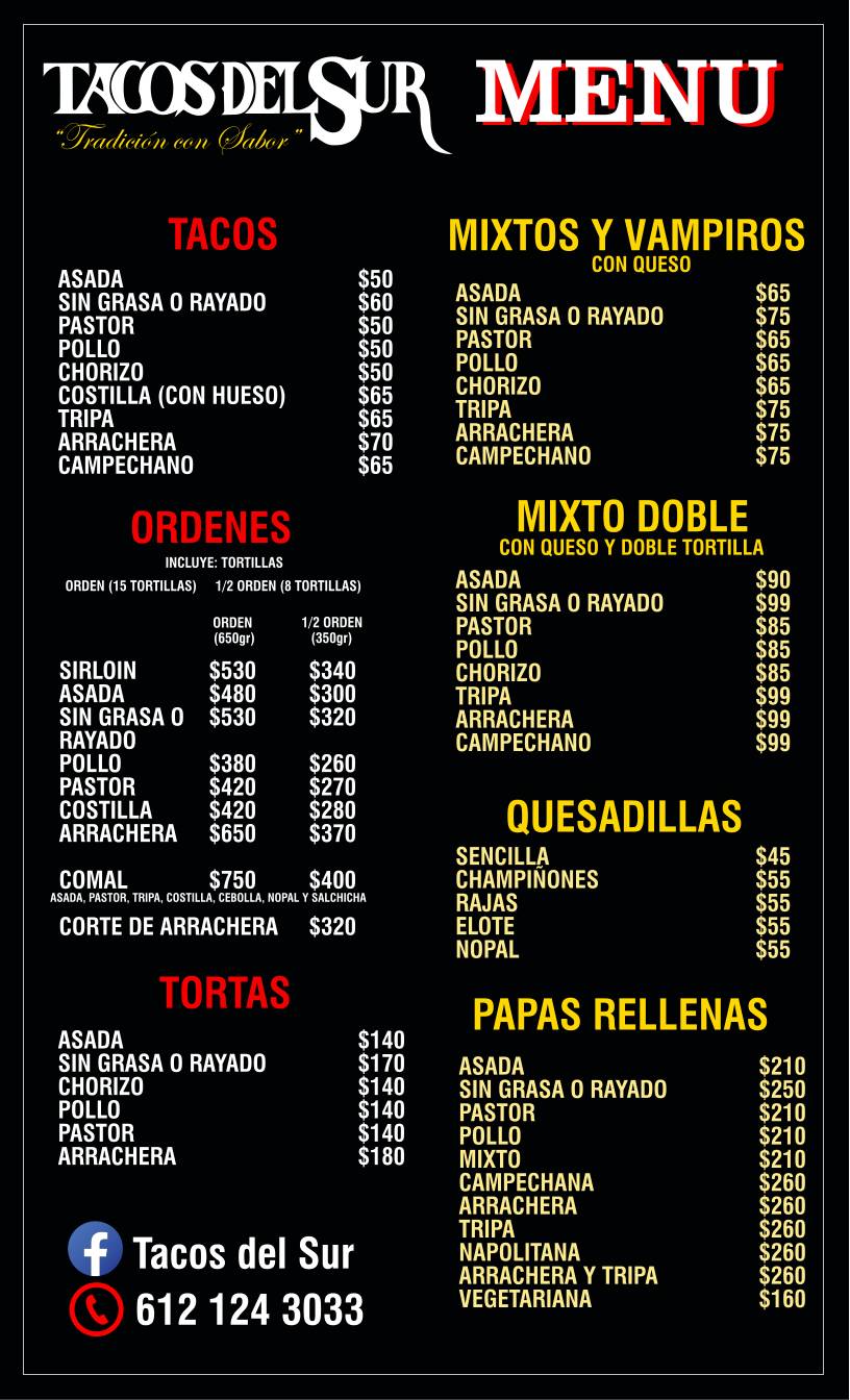 Carta del restaurante Tacos del Sur, La Paz, Tabachines 130