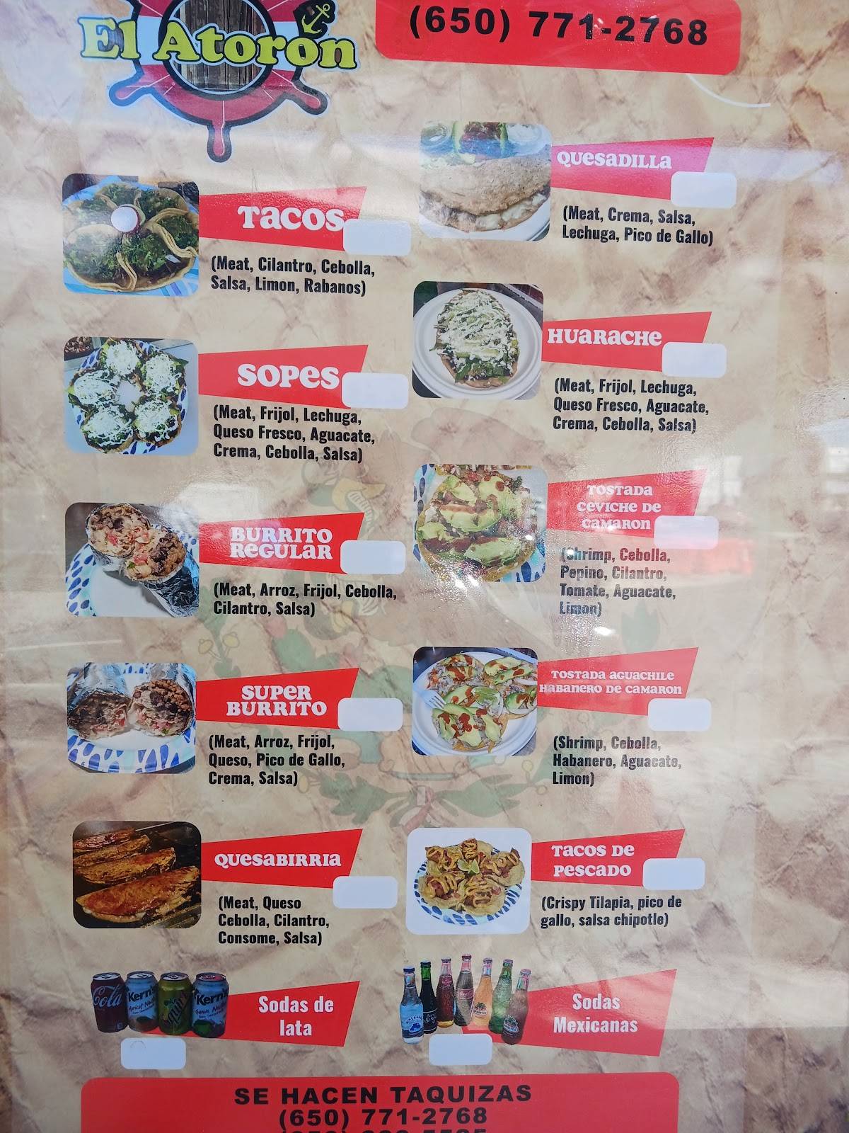 Menu at Tacos y Ceviche El Atoron restaurant, Redwood City