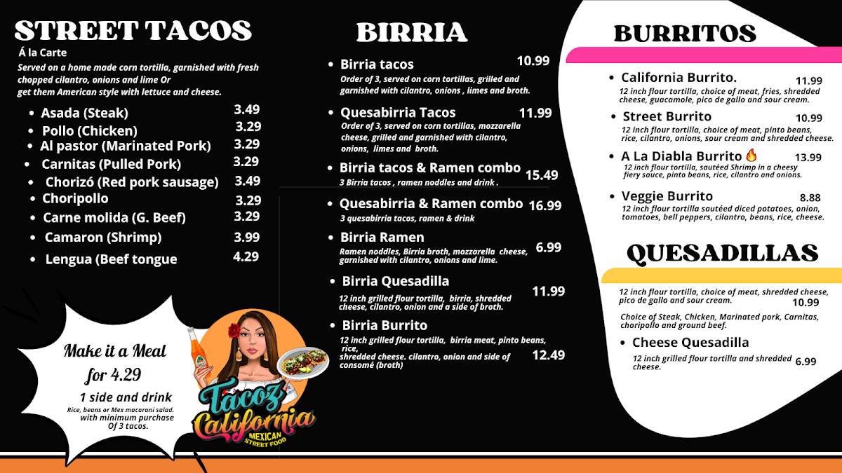 Menu at Tacoz California restaurant, Cedar Falls