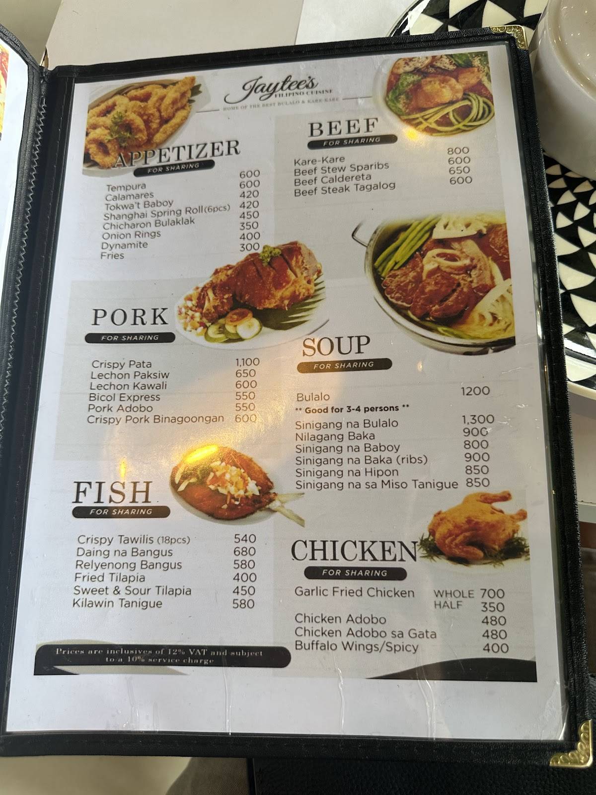 Menu at Jaytee's Filipino Cuisine restaurant, Tagaytay, 4X22+WV7