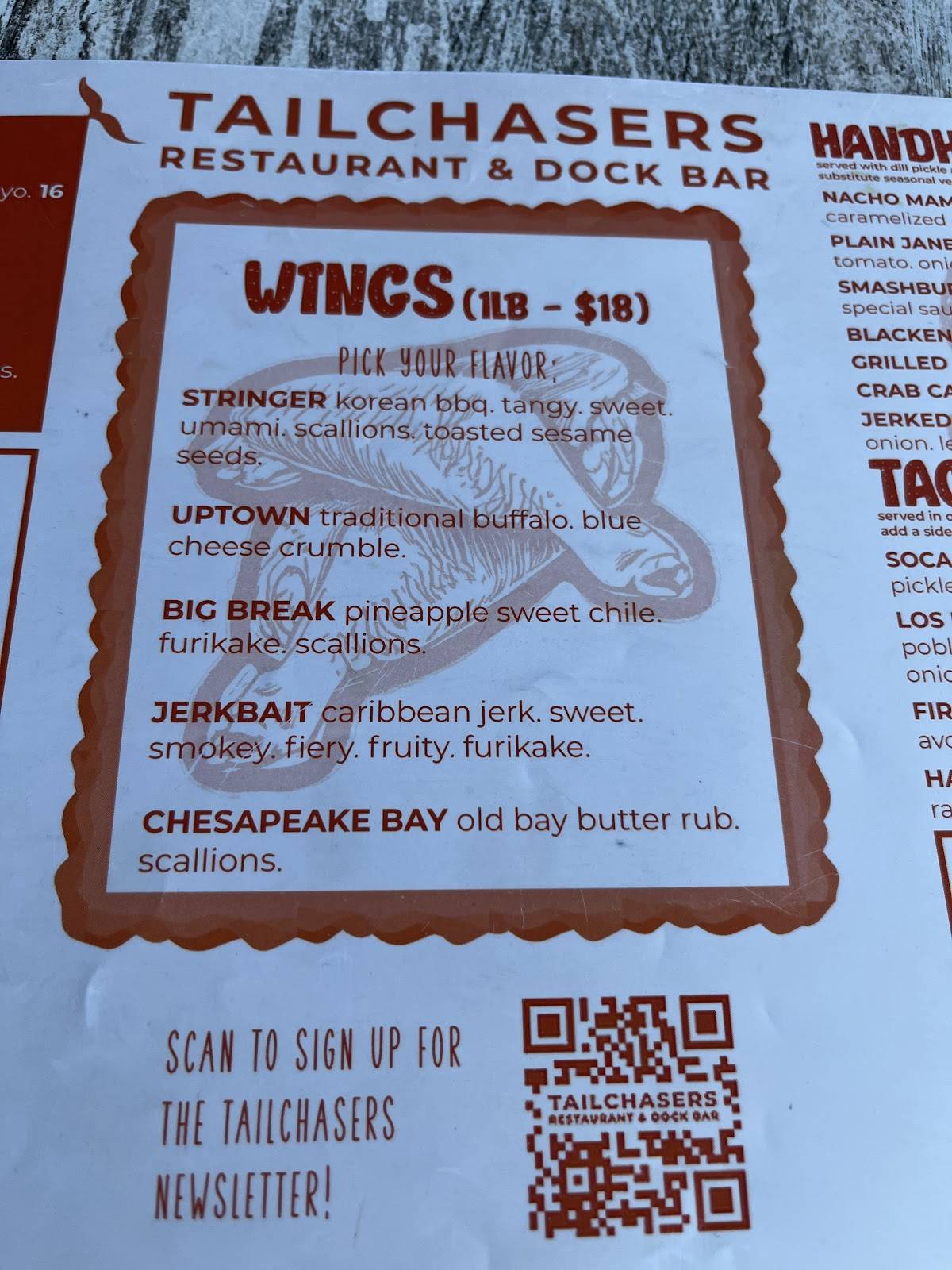 Menu at Tailchasers Restaurant & Dock Bar, Ocean City