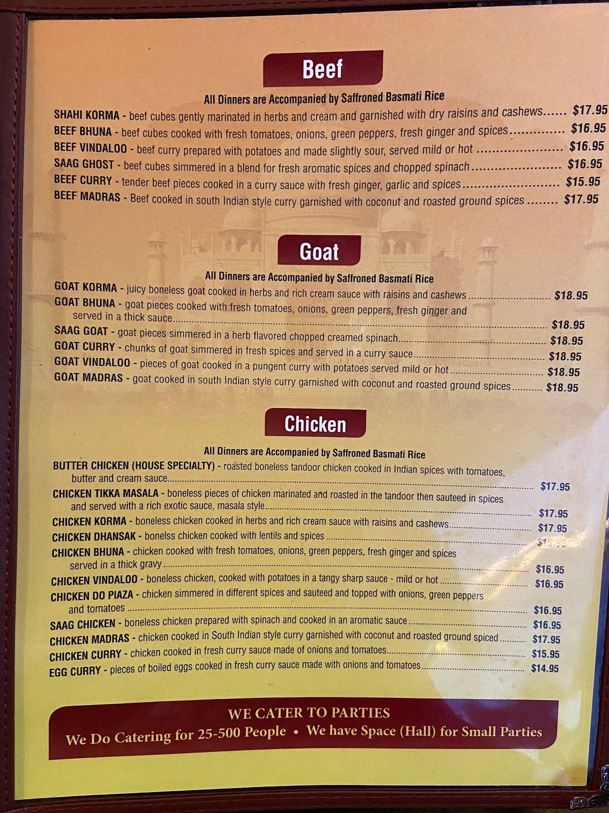 Menu at Taj Indian Cuisine restaurant, Tampa