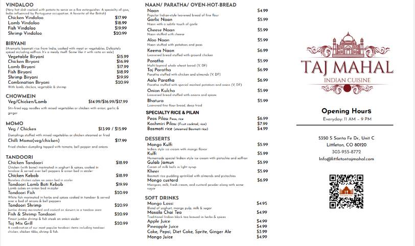 Menu at Taj Mahal Indian Cuisine restaurant, Littleton