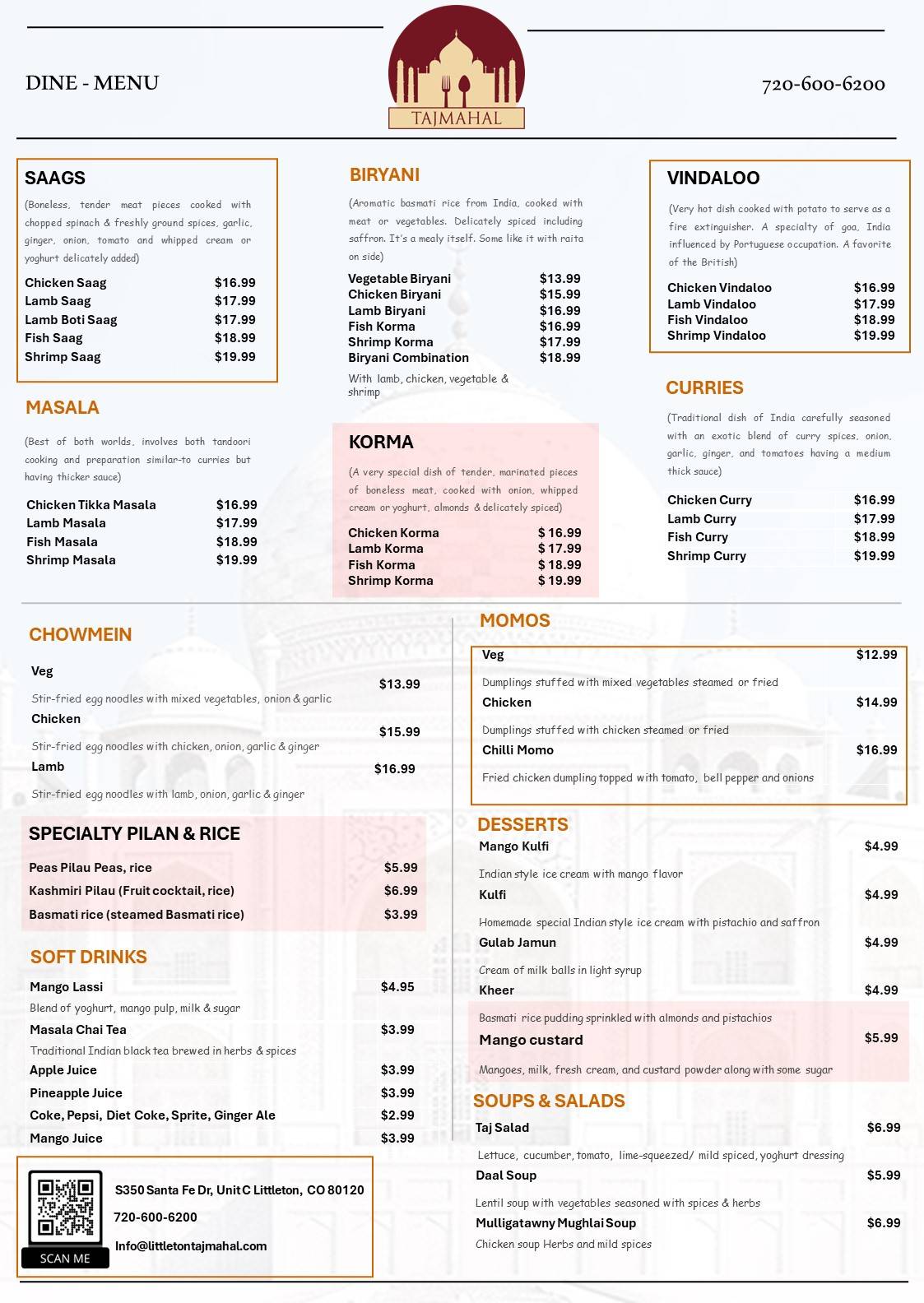 Menu at Taj Mahal Indian Cuisine restaurant, Littleton