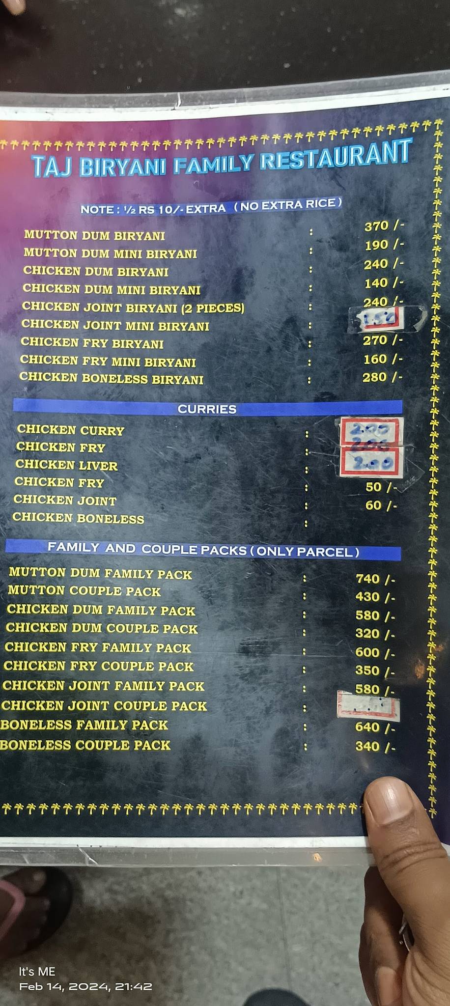 Menu at Taj restaurant, Vijayawada, bhadrachalam road