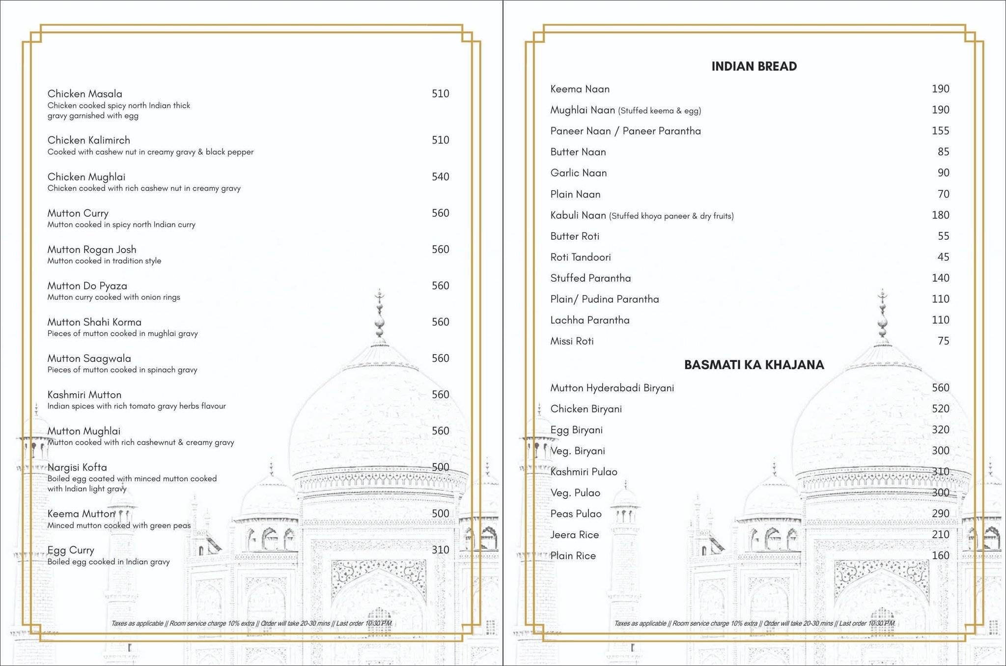 Menu at Taj Terrace, Agra, Hotel taj resorts
