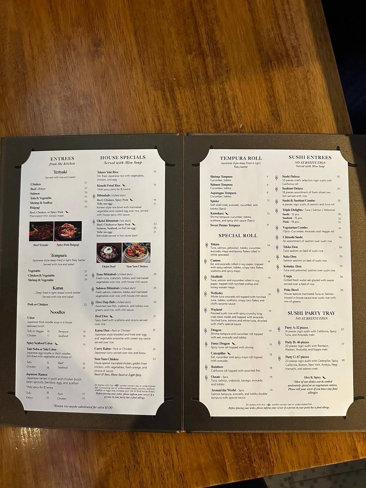 Menu at Takara Japanese Restaurant, Wayland