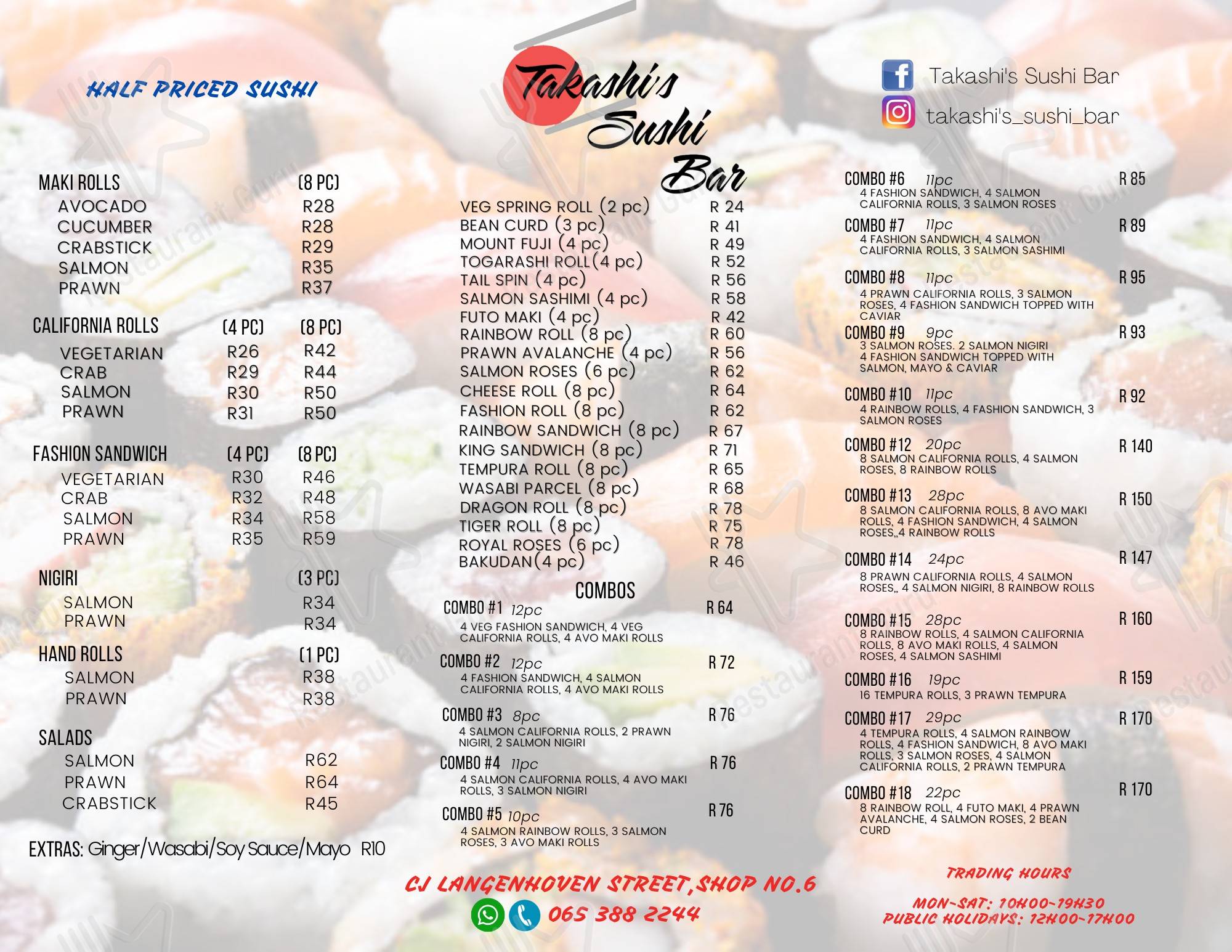 Menu at Takashi's Sushi Bar, George