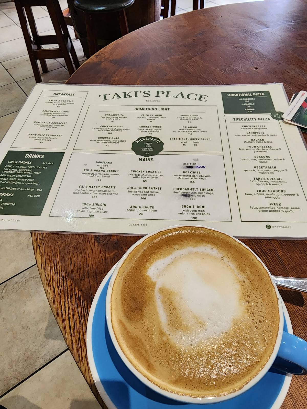 Menu at Taki's restaurant, Franschhoek