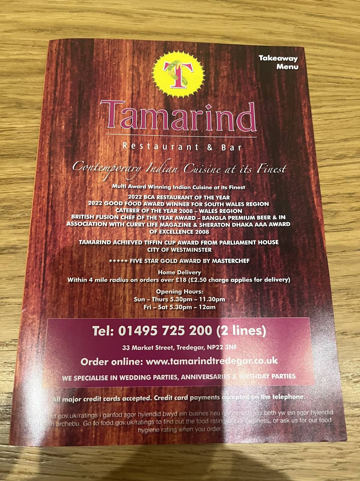 Menu at Tamarind Restaurant & Bar Tredegar, Tredegar