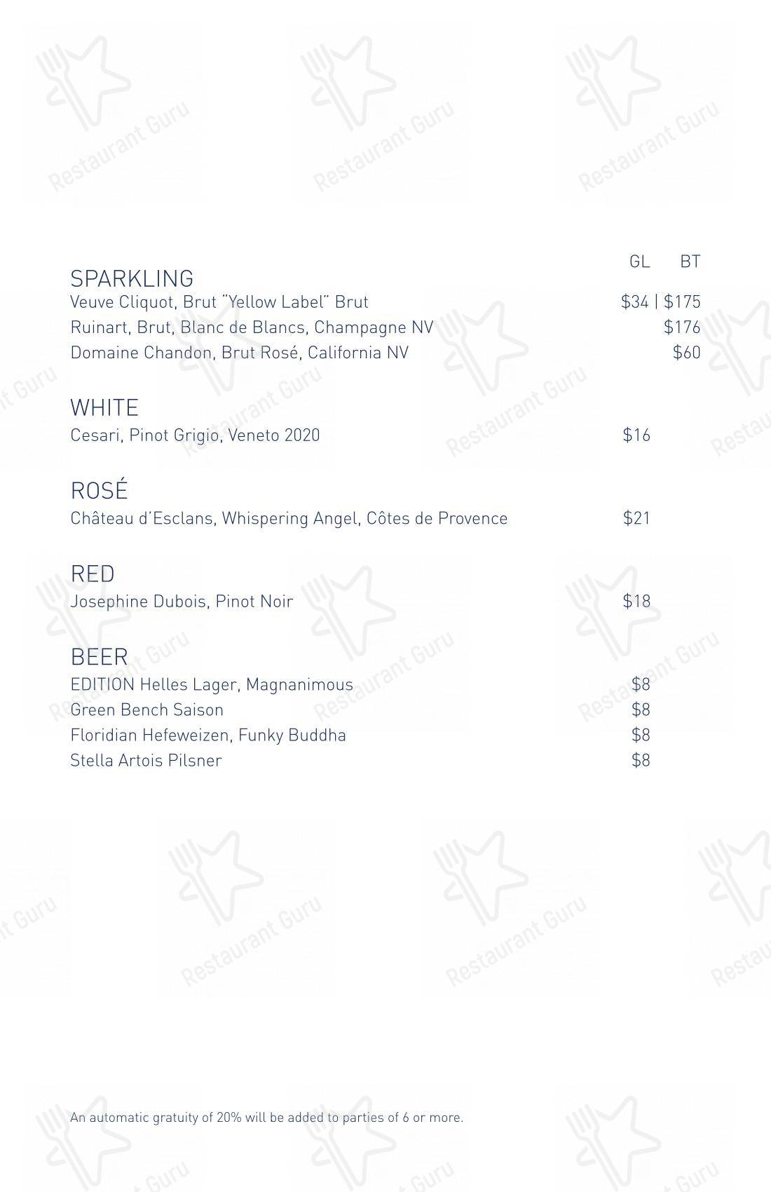 Menu at Azure at EDITION restaurant, Tampa