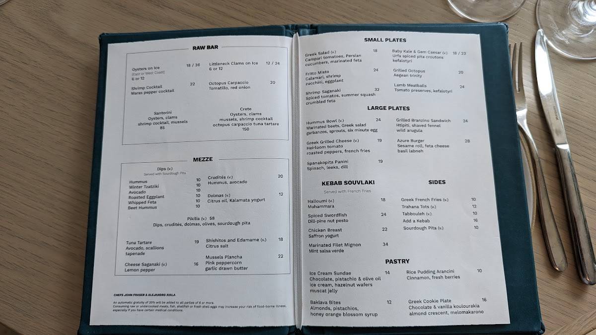 Menu at Azure at EDITION restaurant, Tampa