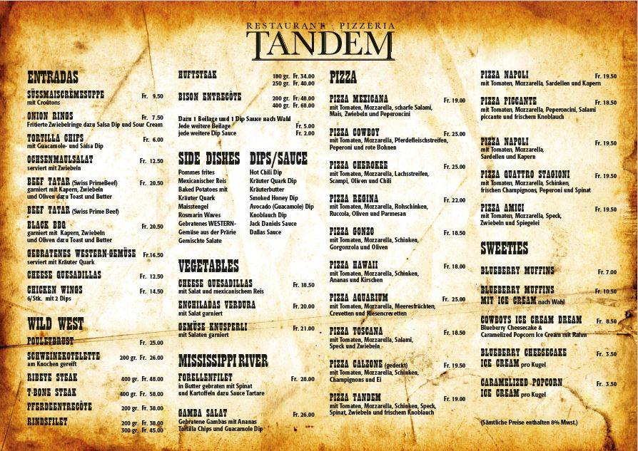 Carta de Tandem Restaurant, Sargans