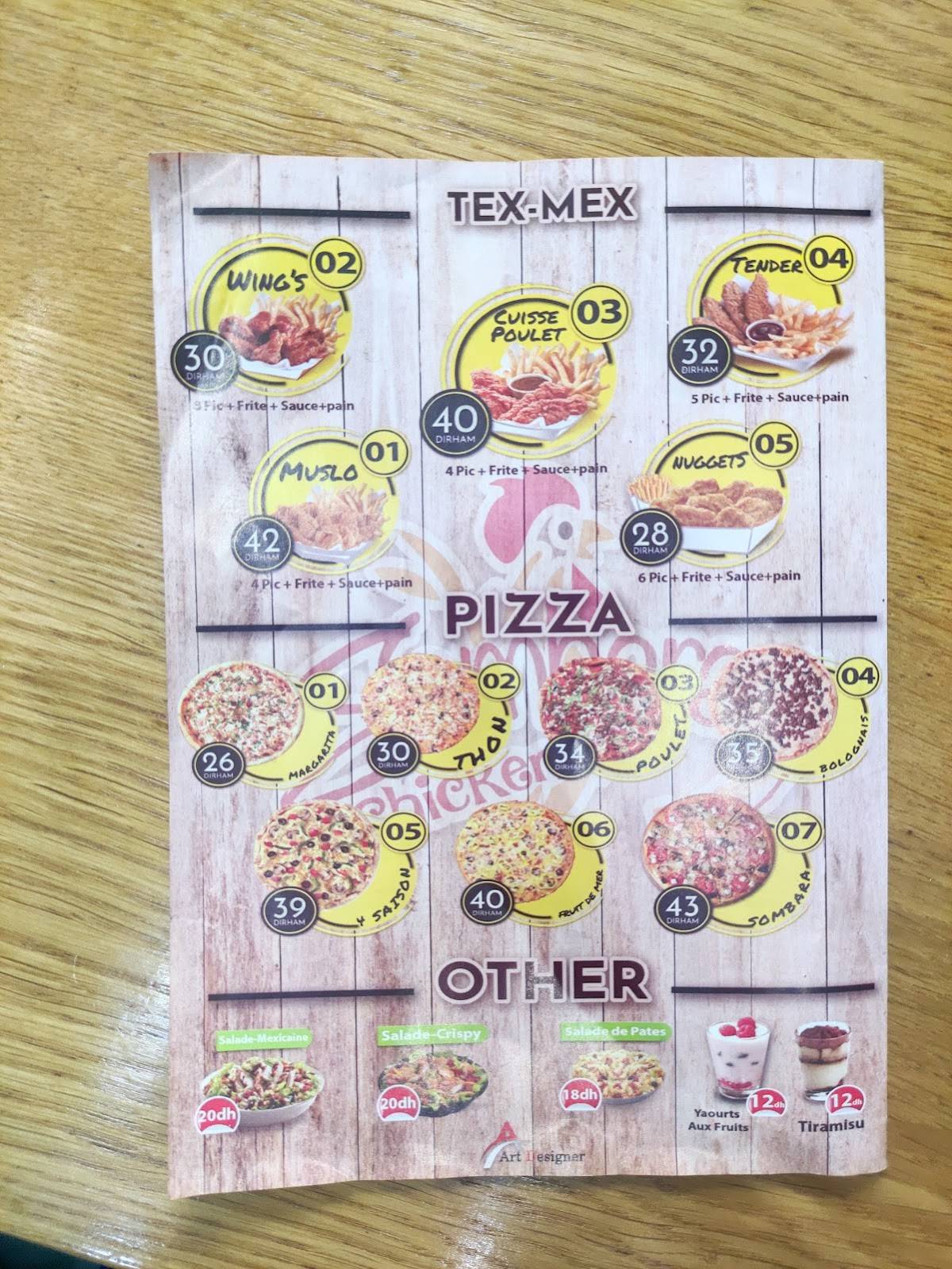Menu au Sombara Chicken Tanger, Tanger