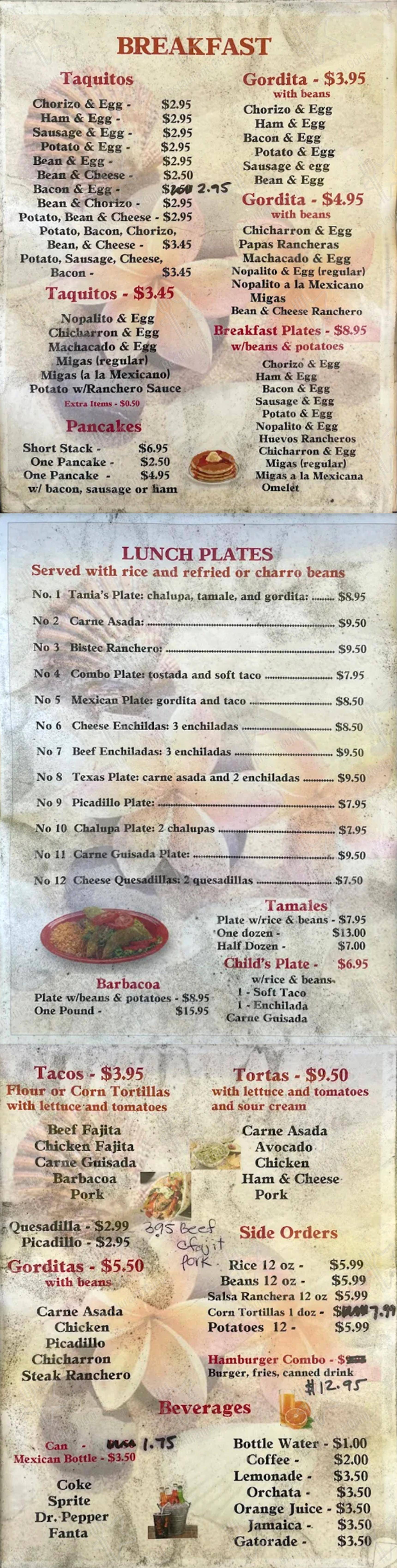 Menu at Tania's Taqueria restaurant, Fulton, TX-35