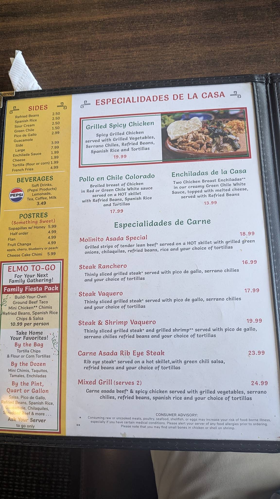 Menu at El Molinito restaurant, Tucson, N Pantano Rd