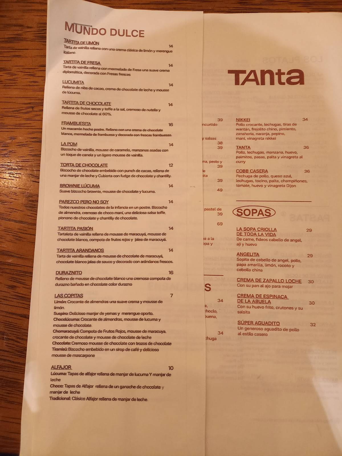 Carta del restaurante Tanta - Mall Aventura, Paucarpata
