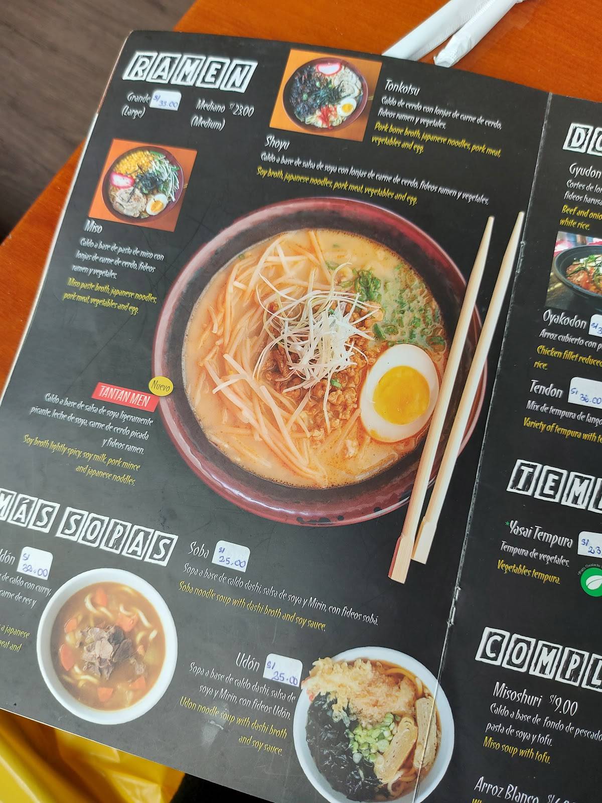 Carta del restaurante Tanuki, Miraflores