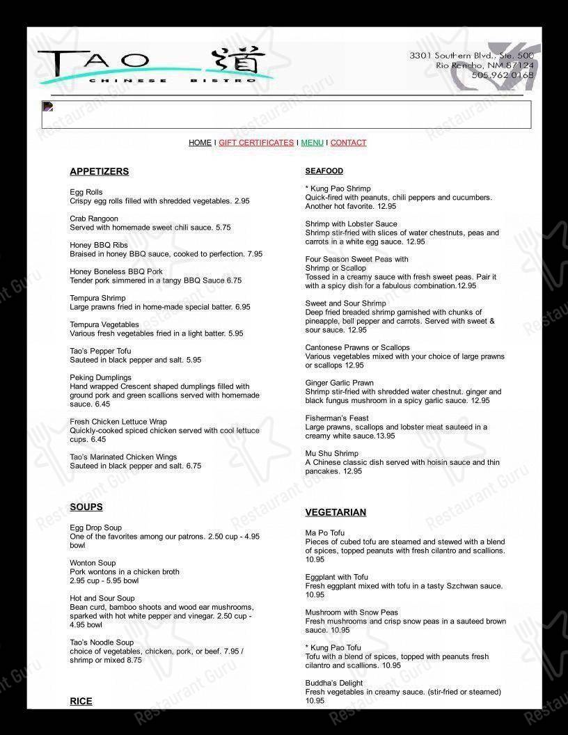 Menu at Tao Chinese Bistro restaurant, Rio Rancho