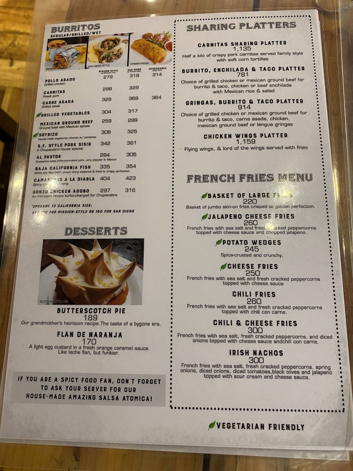 Menu at Taqueria Chupacabra restaurant, Quezon City